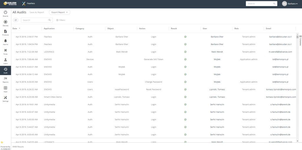 Audit view displays all the actions made by Users in the Axonize platform