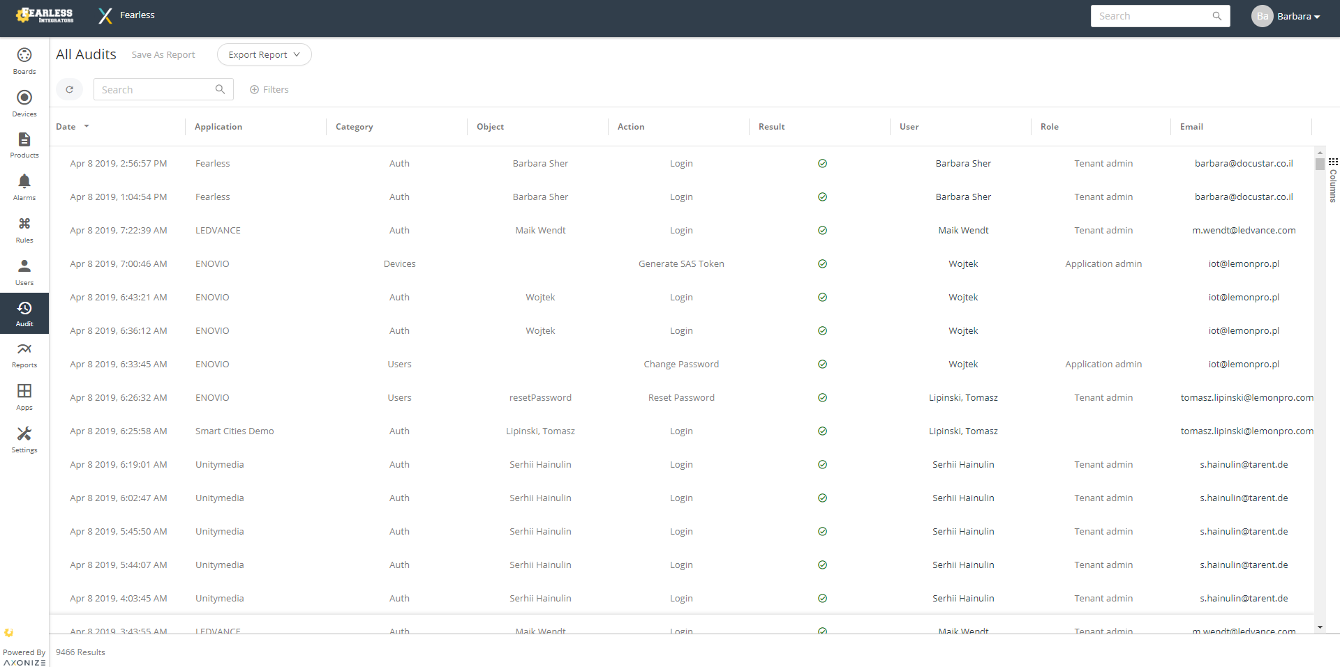 Audit view displays all the actions made by Users in the Axonize platform